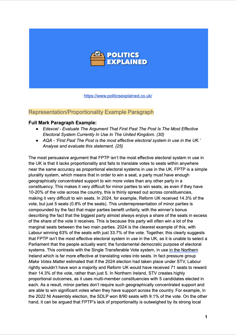 Electoral Systems Weekly Revision Webinar Part 1 Supplementary Notes ...